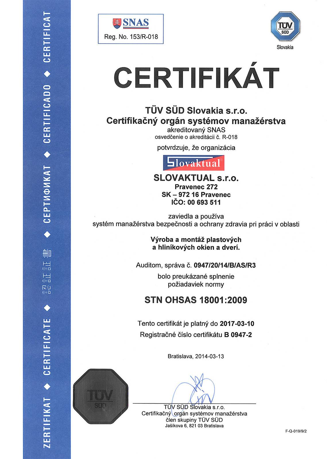 Certifikáty plastových okien a dverí - Slovaktual